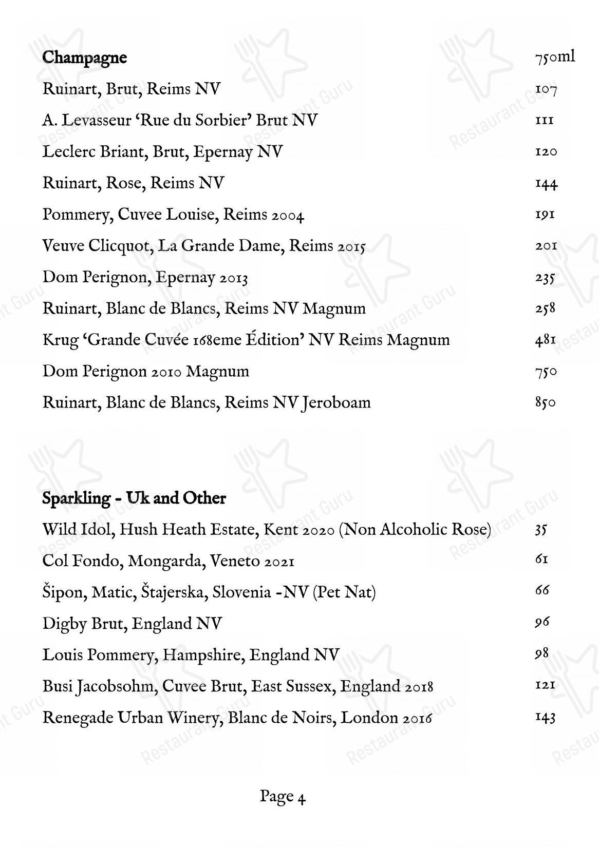 Menu at Fallow restaurant, London