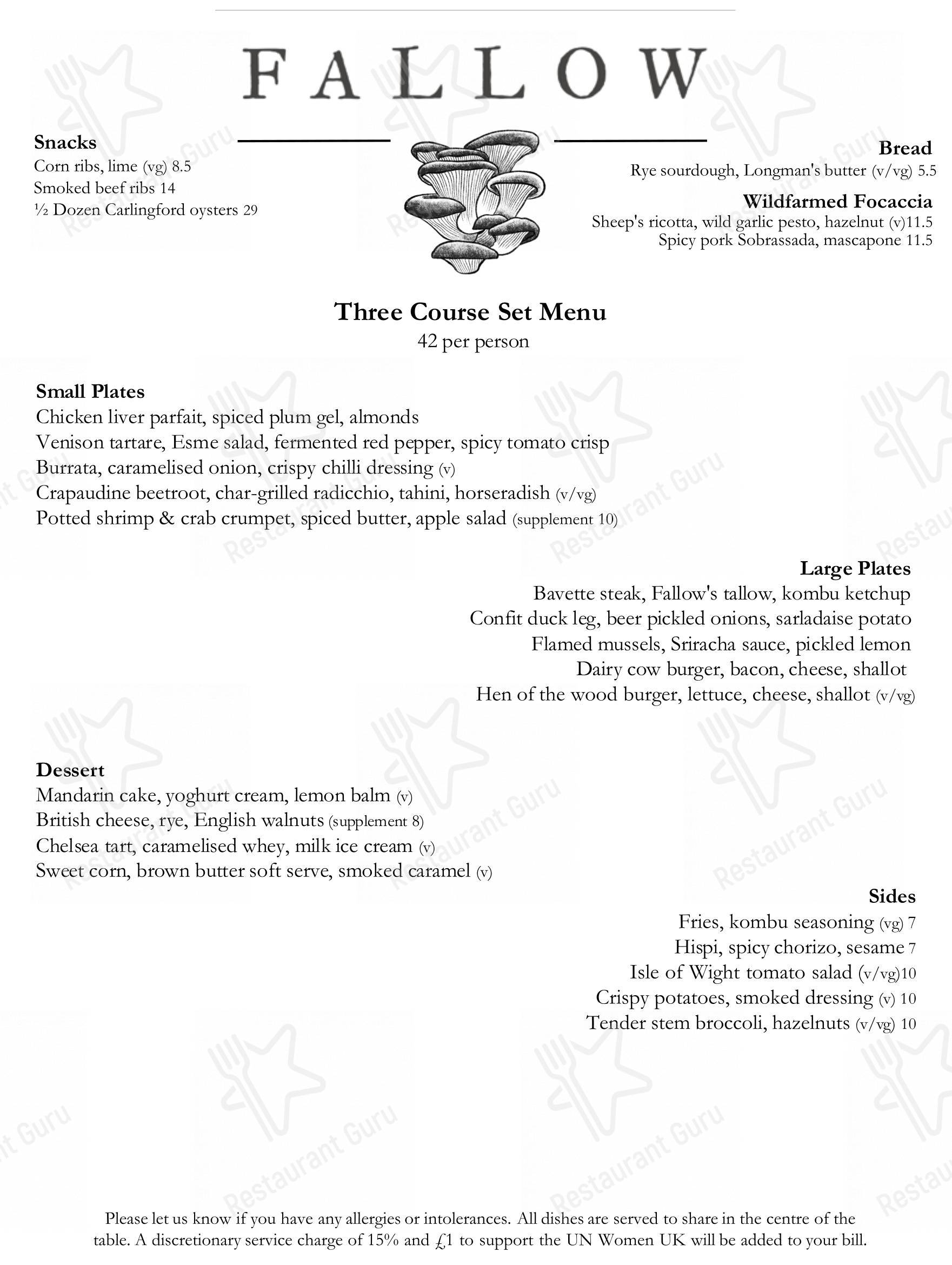 Menu at Fallow restaurant, London