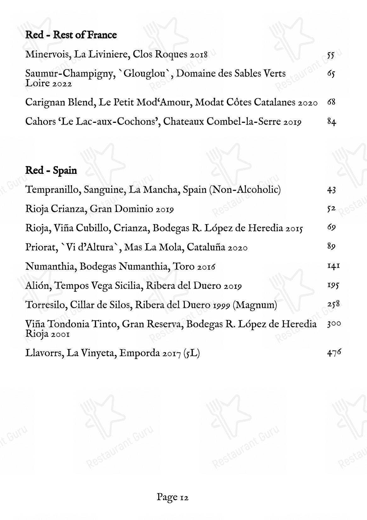 Menu at Fallow restaurant, London