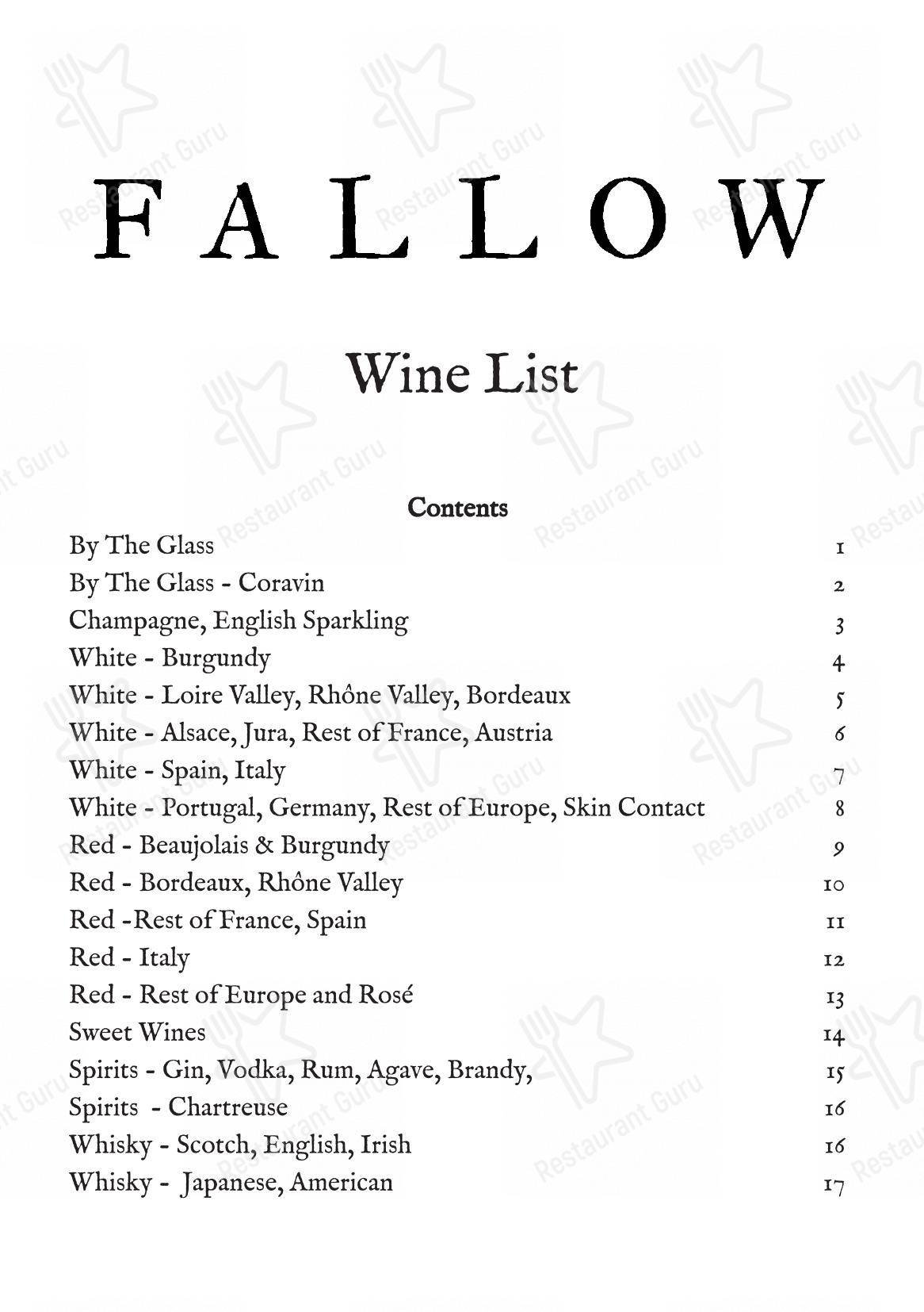 Menu at Fallow restaurant, London