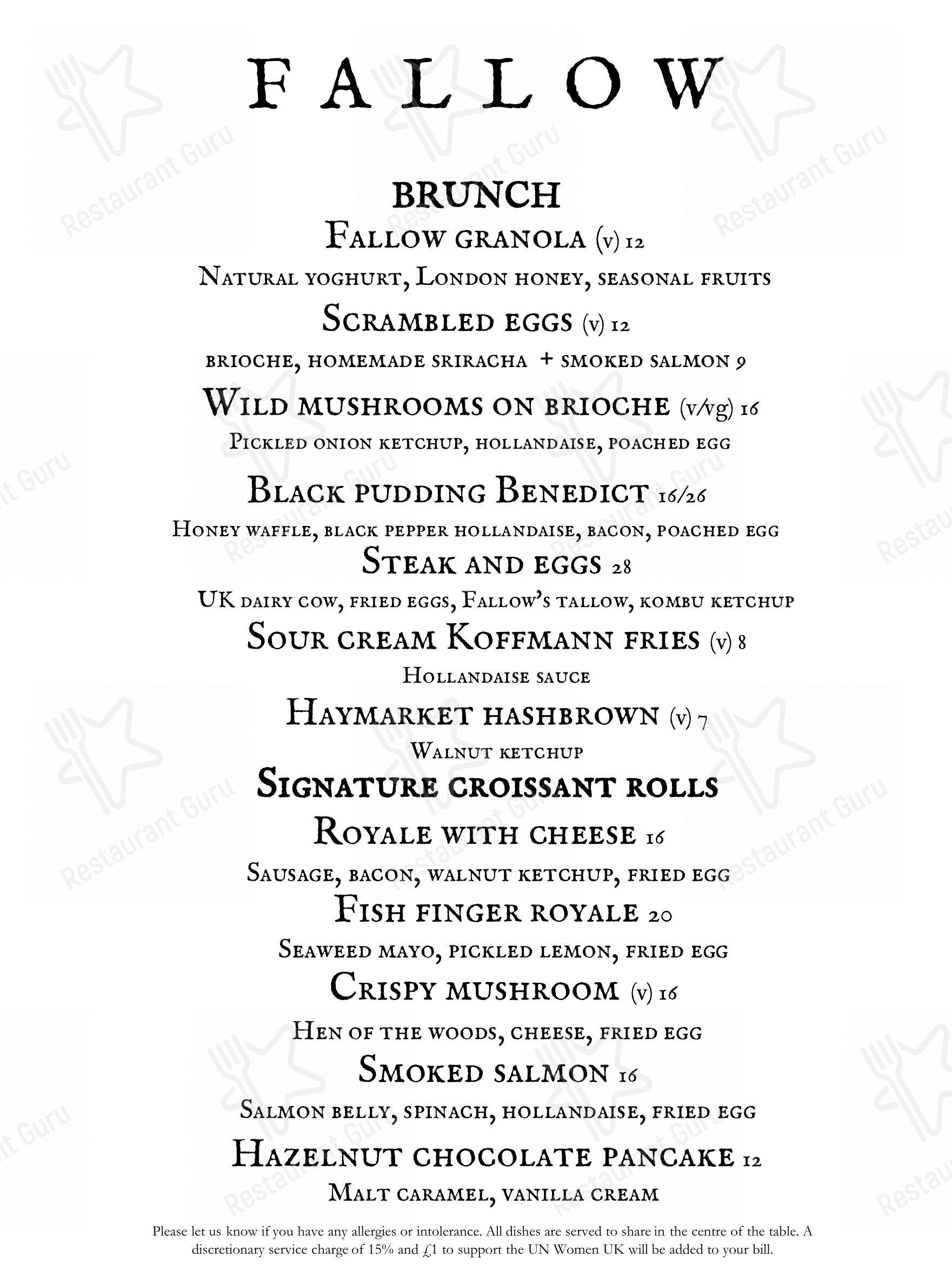 Menu at Fallow restaurant, London