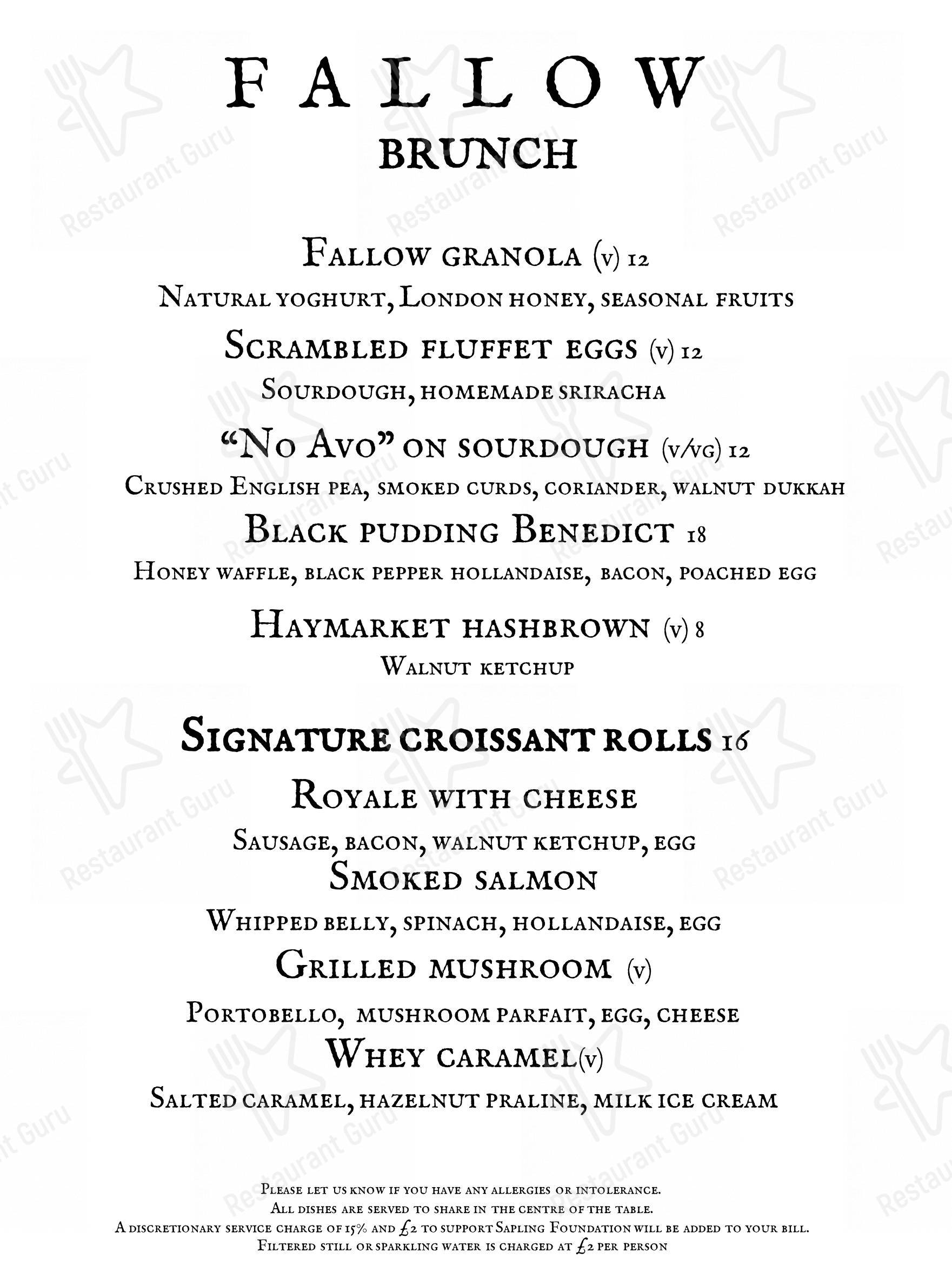 Menu at Fallow restaurant, London