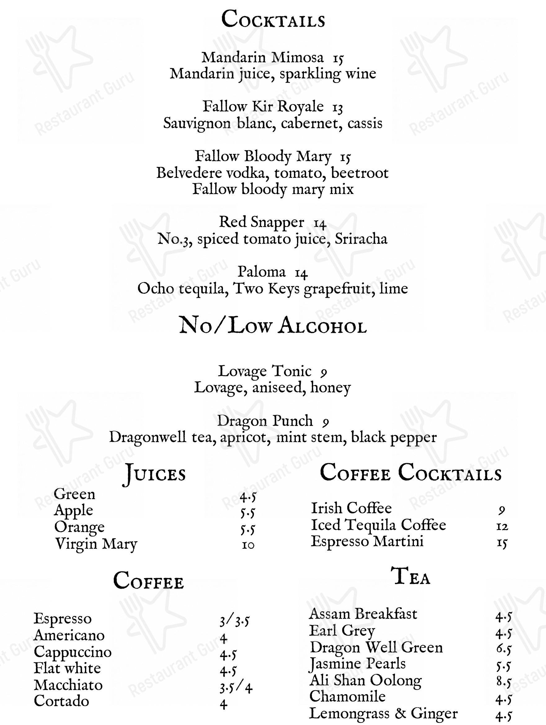 Menu at Fallow restaurant, London