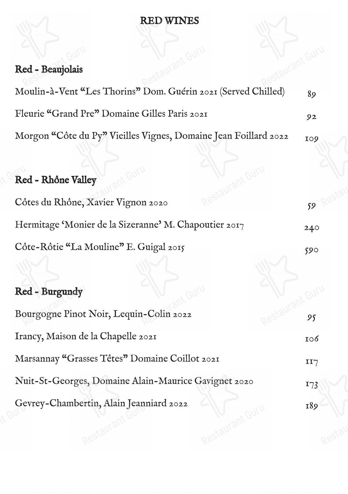 Menu at Fallow restaurant, London
