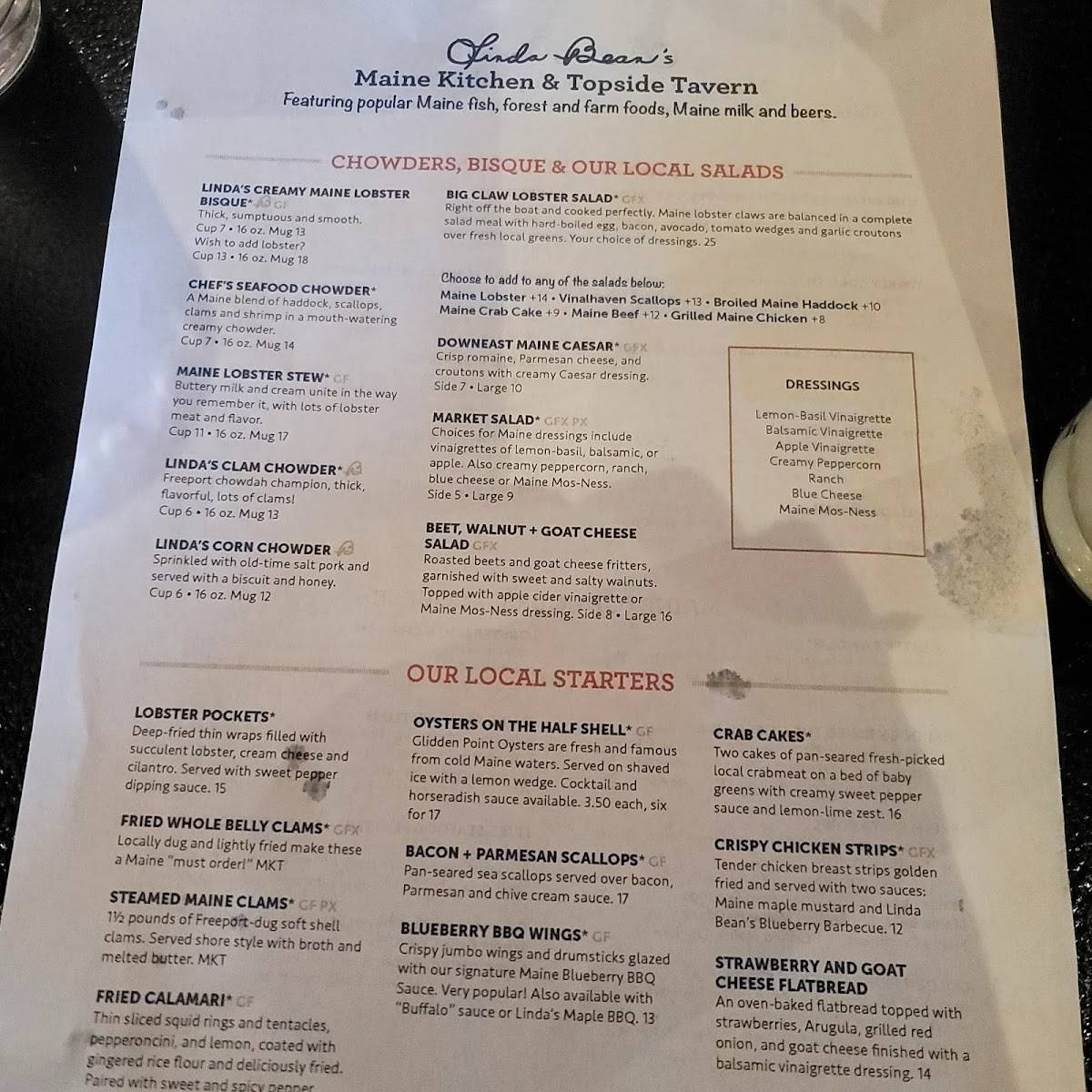 Menu at Linda Bean’s Maine Kitchen & Topside Tavern restaurant, Freeport
