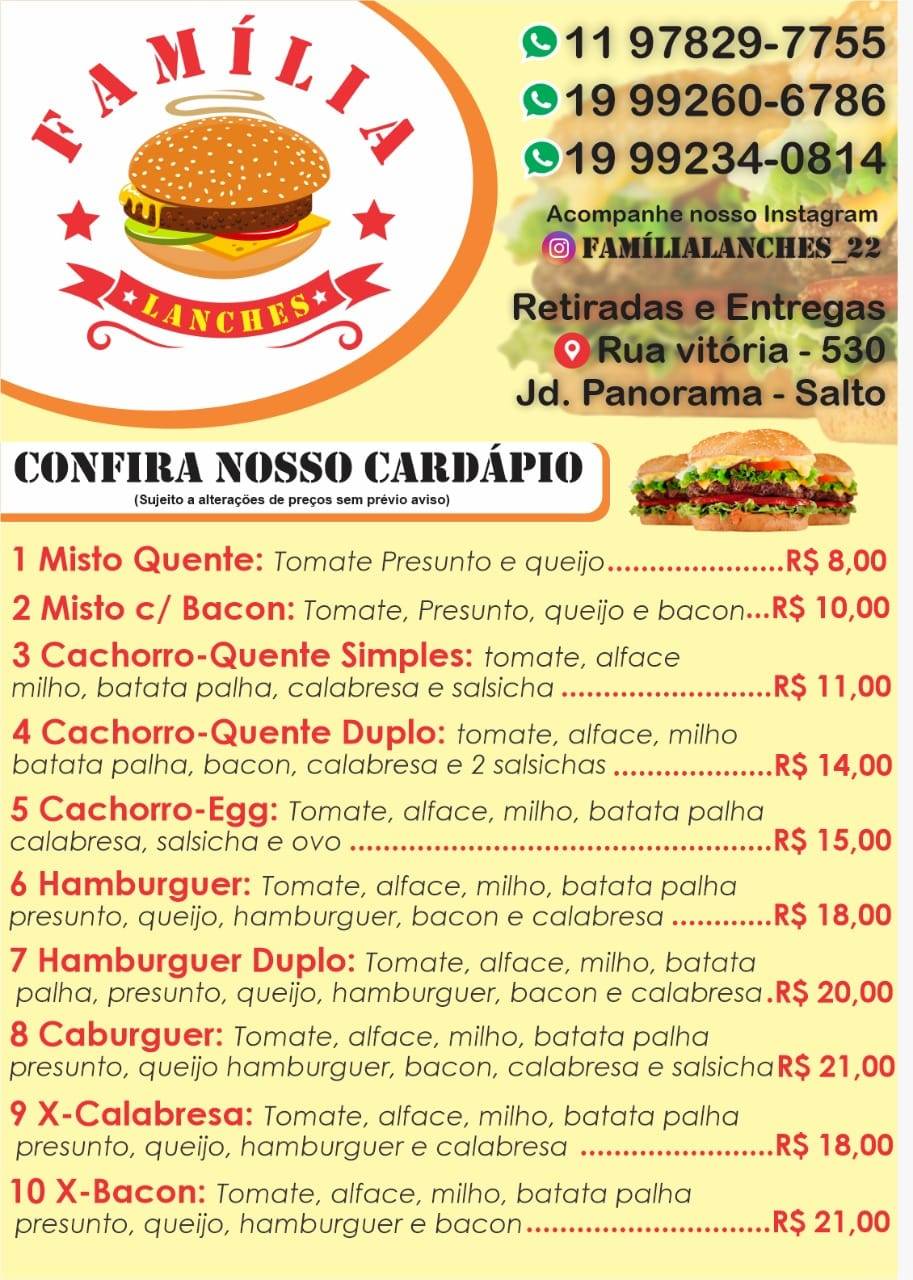 Menu em Família Lanches pub & Bar, Salto