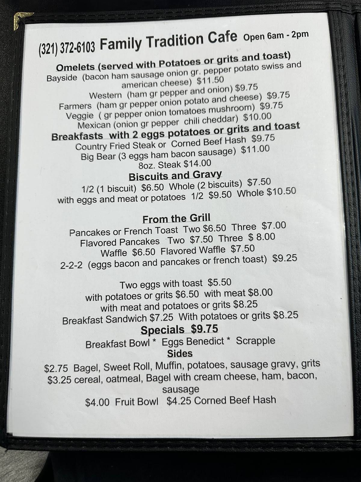 Menu at Family Tradition Cafe, Palm Bay