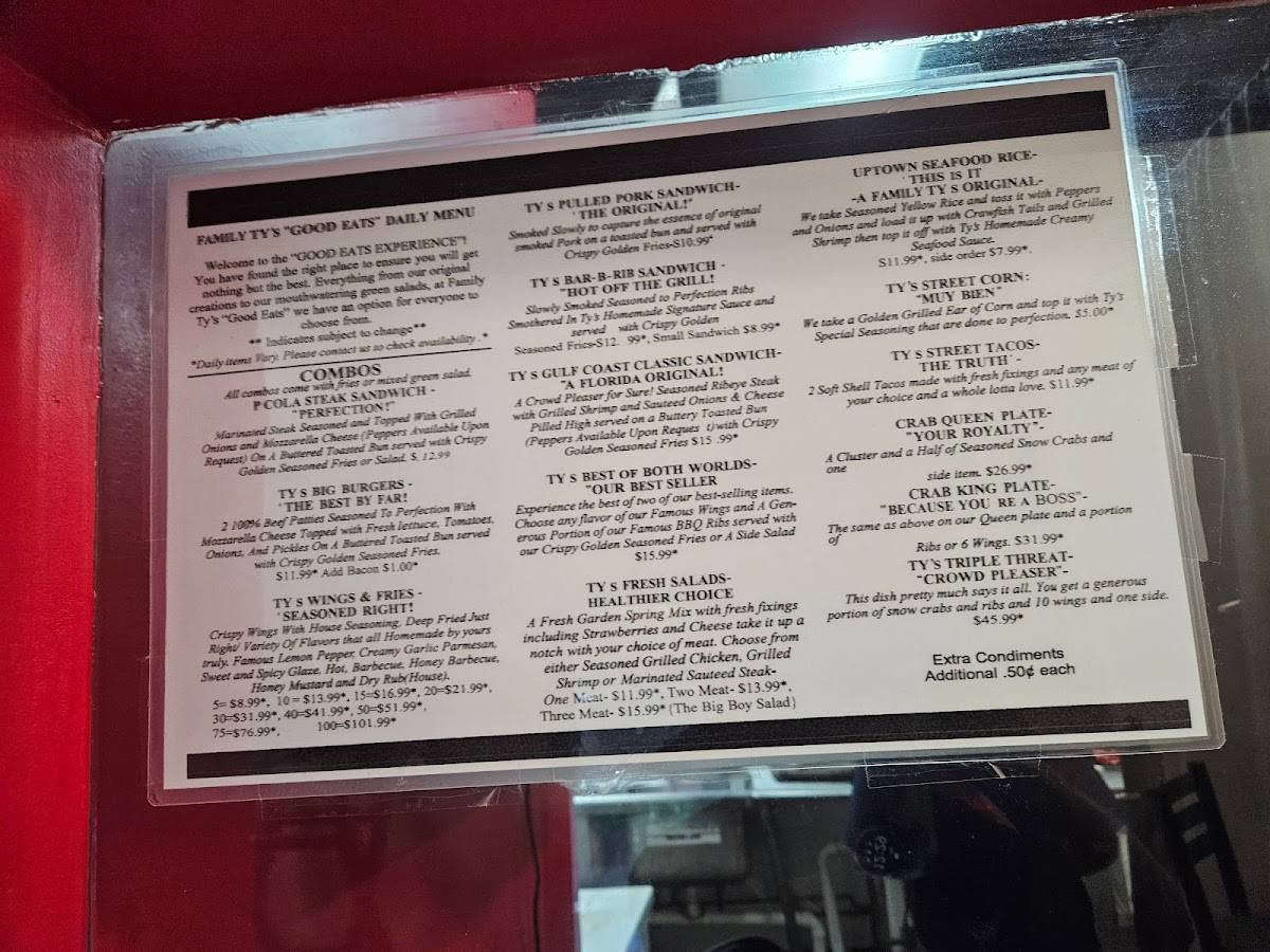 Menu at Family Ty's "Good Eats" restaurant, Pensacola
