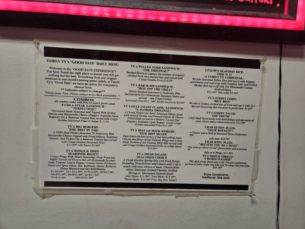 Menu at Family Ty's "Good Eats" restaurant, Pensacola
