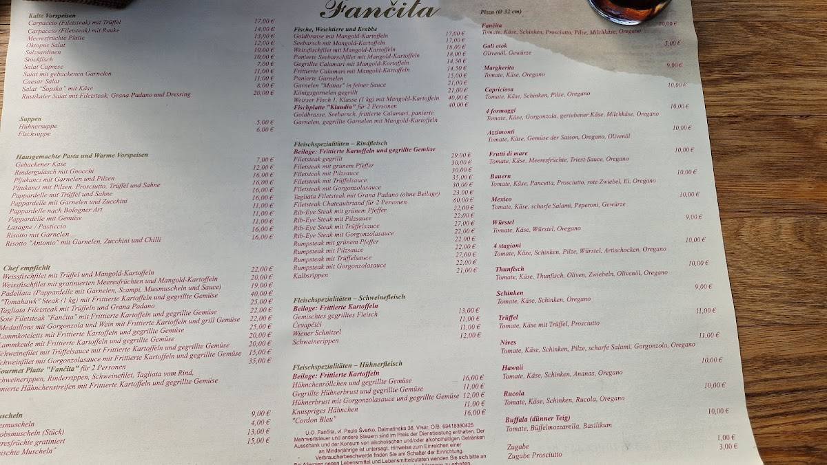 Menu at Fančita restaurant, Vrsar
