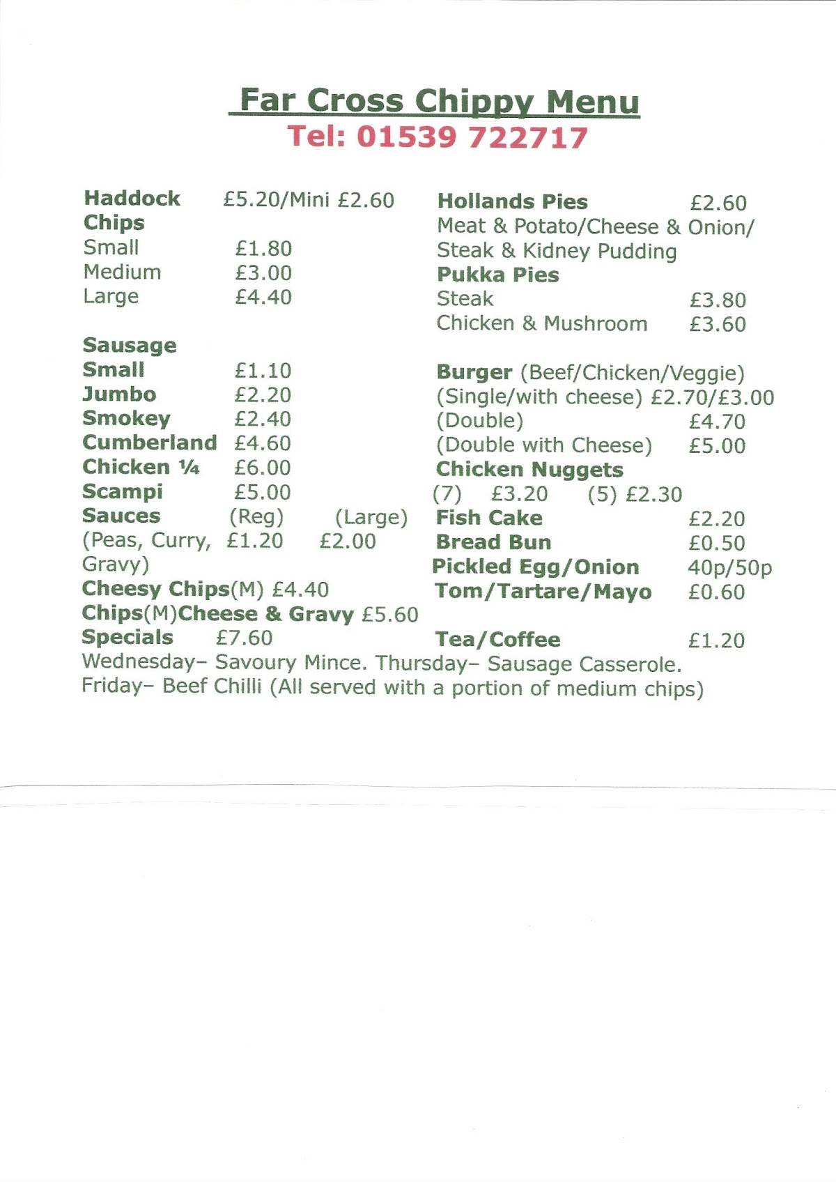 Menu at Far Cross Chippy fast food, Kendal