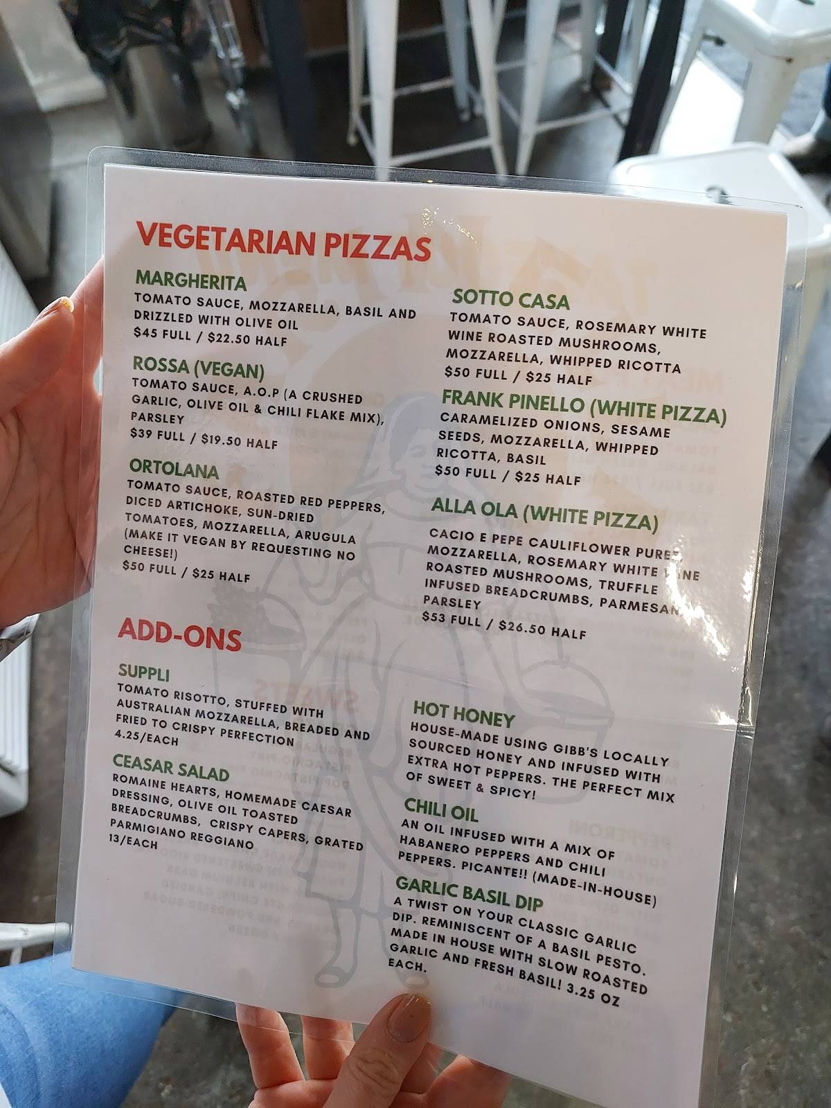 Menu at Farinella Rochester pizzeria, Ottawa