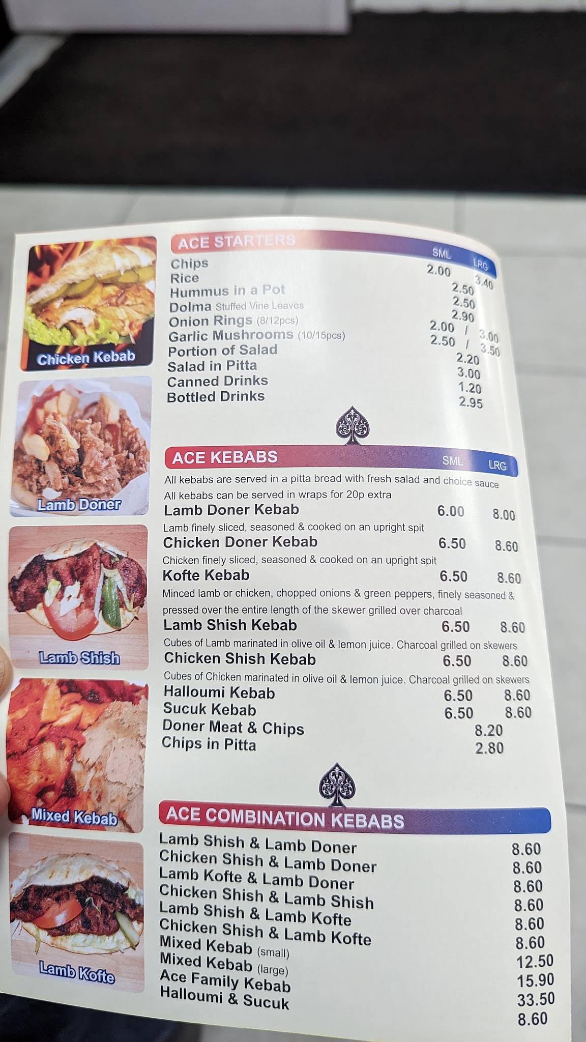 Menu at Ace Kebabs fast food, Surbiton, 145 Hook Rd