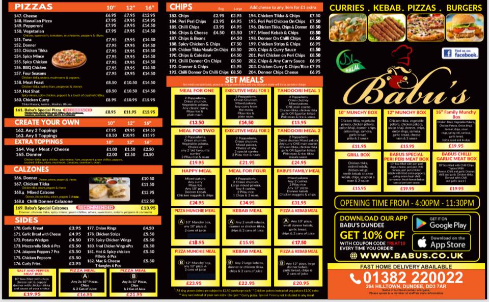Menu at Babu's pizzeria, Dundee, 264 Hilltown