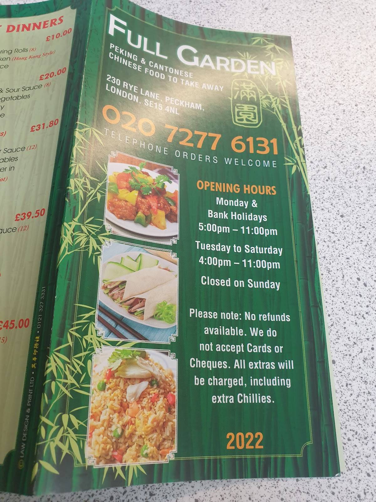 Menu at Full Garden fast food, London, 230 Rye Ln
