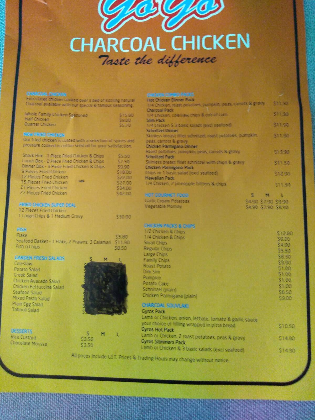 Menu at Go Go Charcoal Chicken fast food, Frankston South
