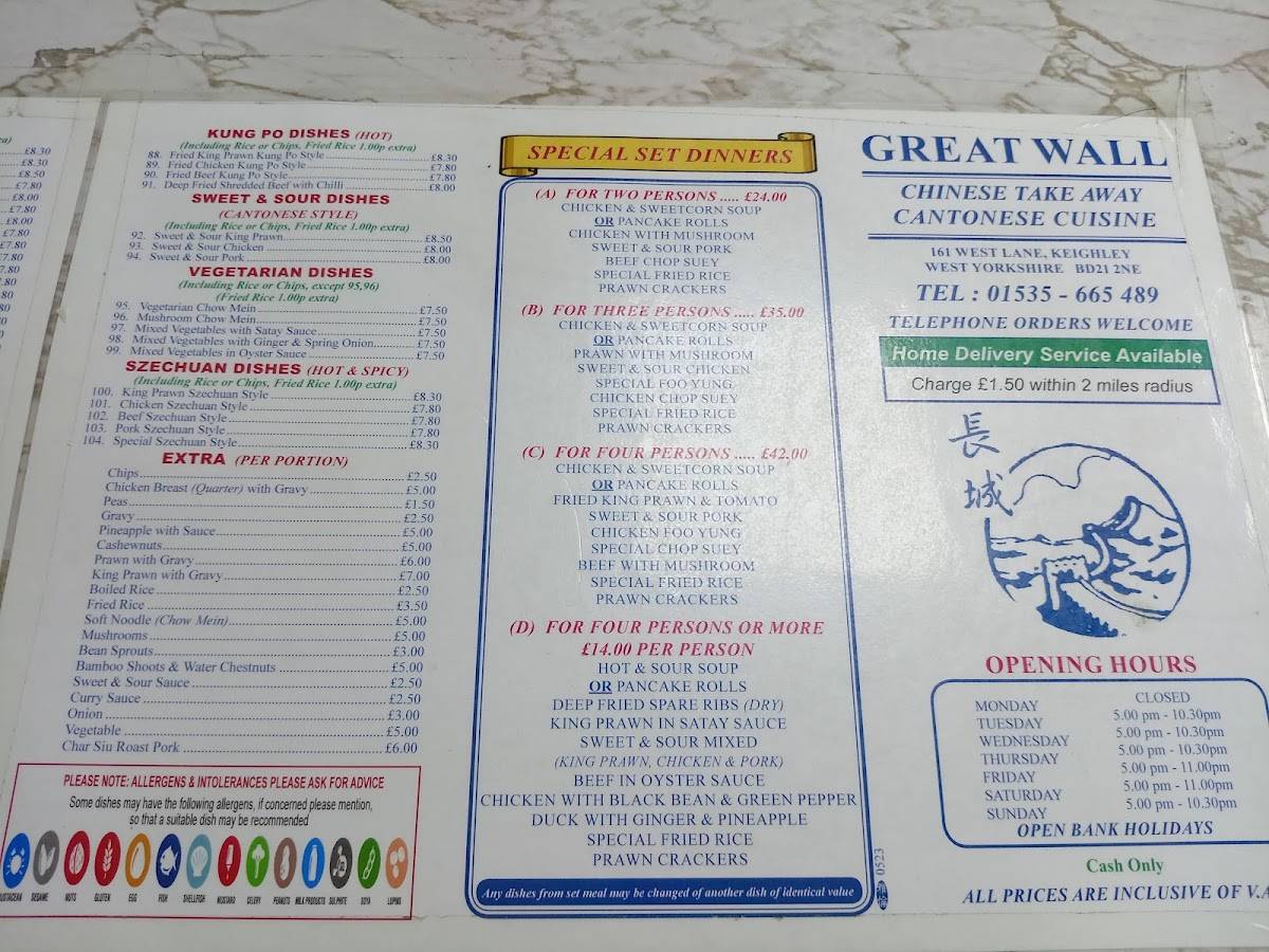 Menu at Great Wall fast food, Keighley, 161 West Ln
