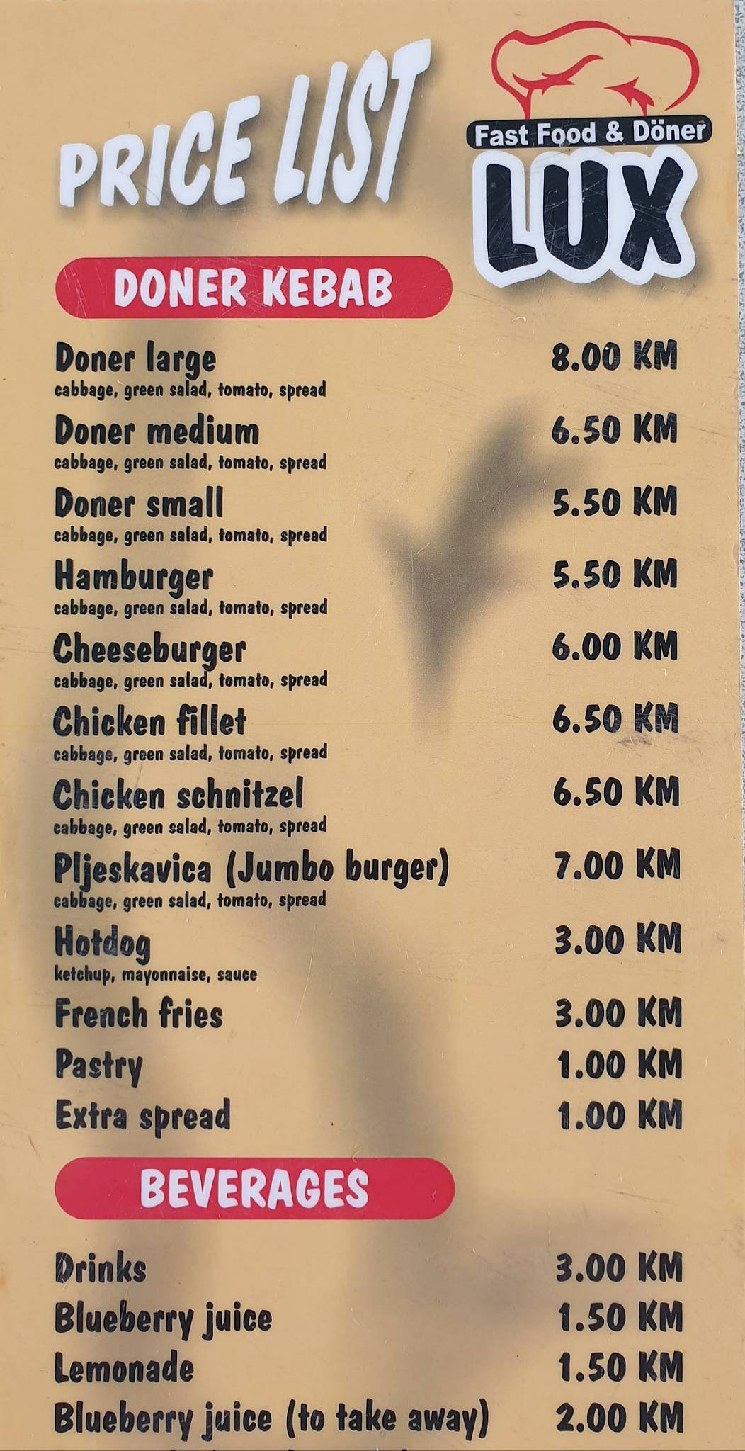 Menu at Fast food LUX Alipašino polje, Sarajevo