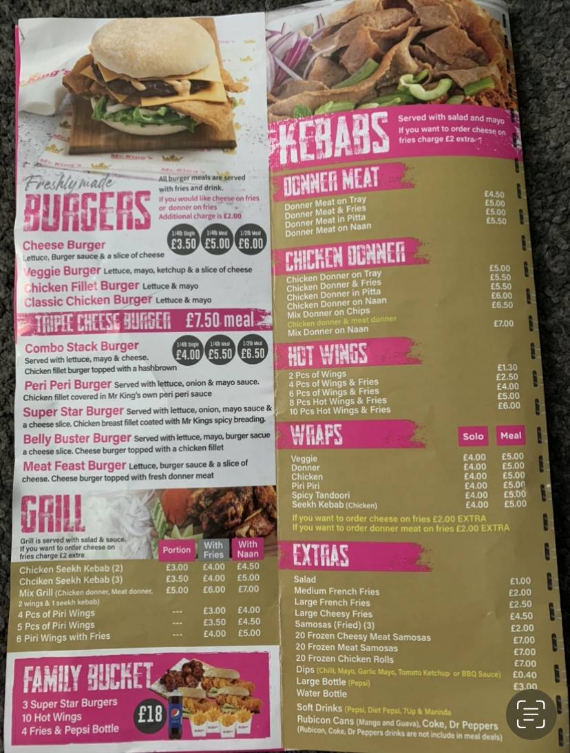 Menu at Mr King's fast food, Bradford