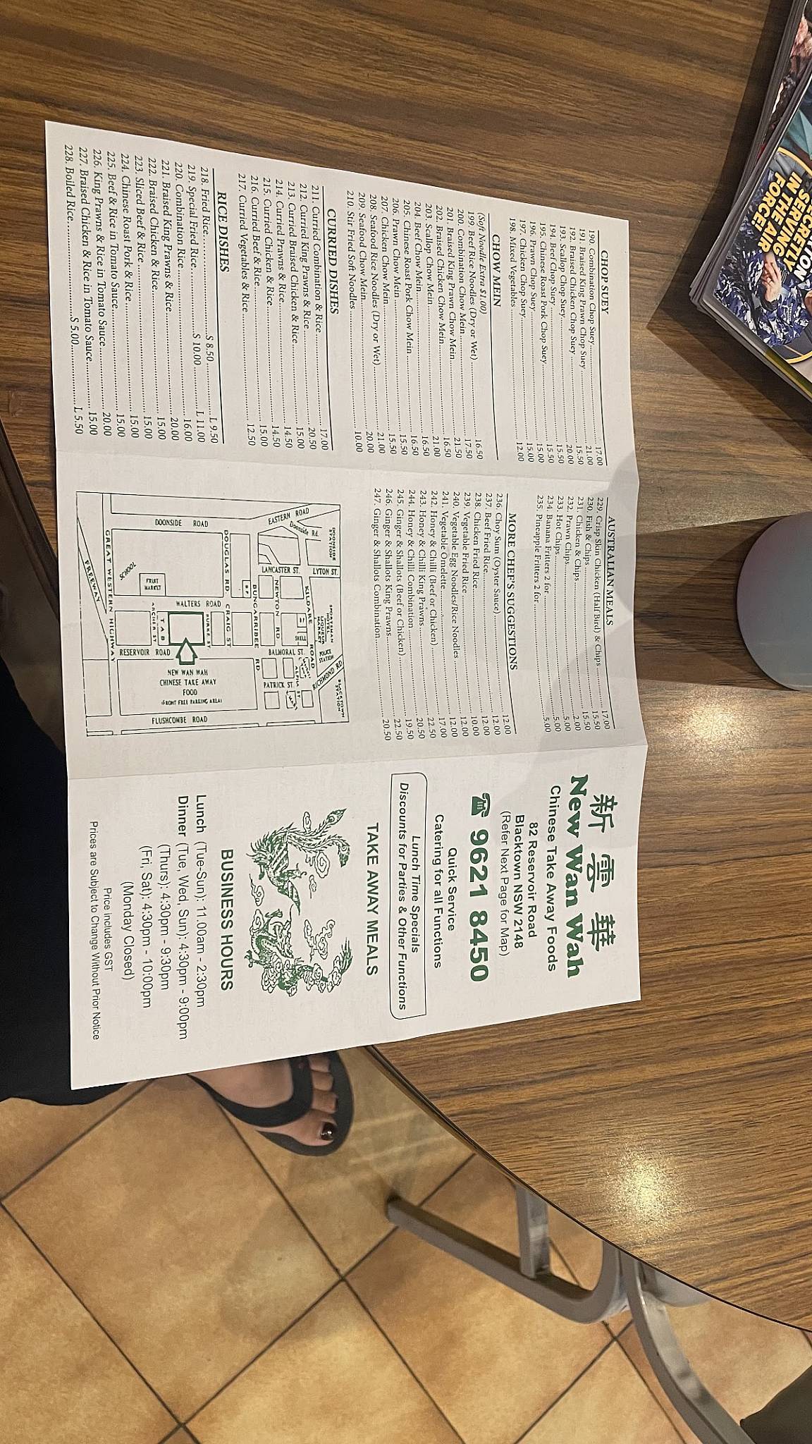 Menu at New Wan Wah fast food, Blacktown