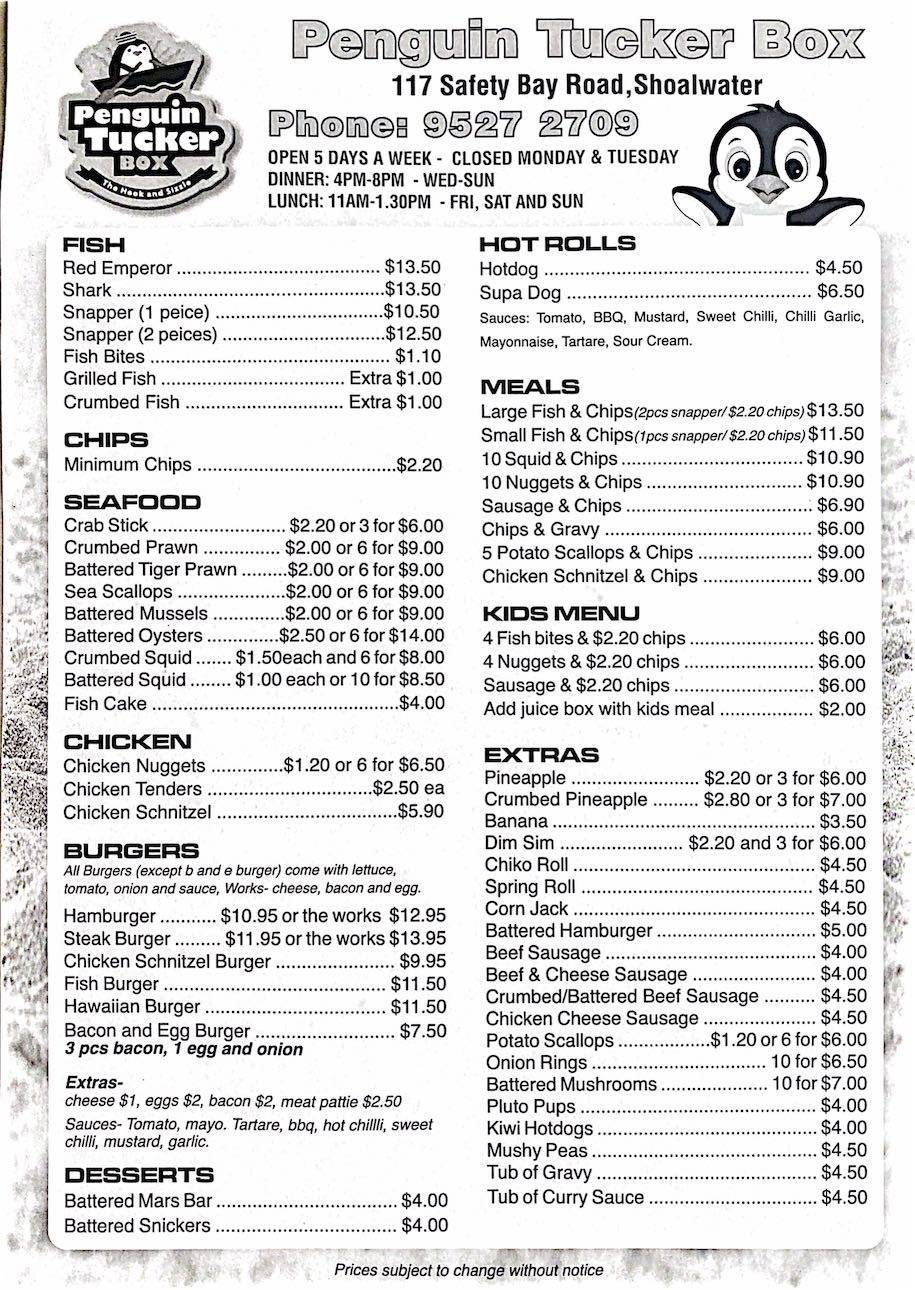 Menu at Penguin Tucker Box fast food, Shoalwater, 117 Safety Bay Rd
