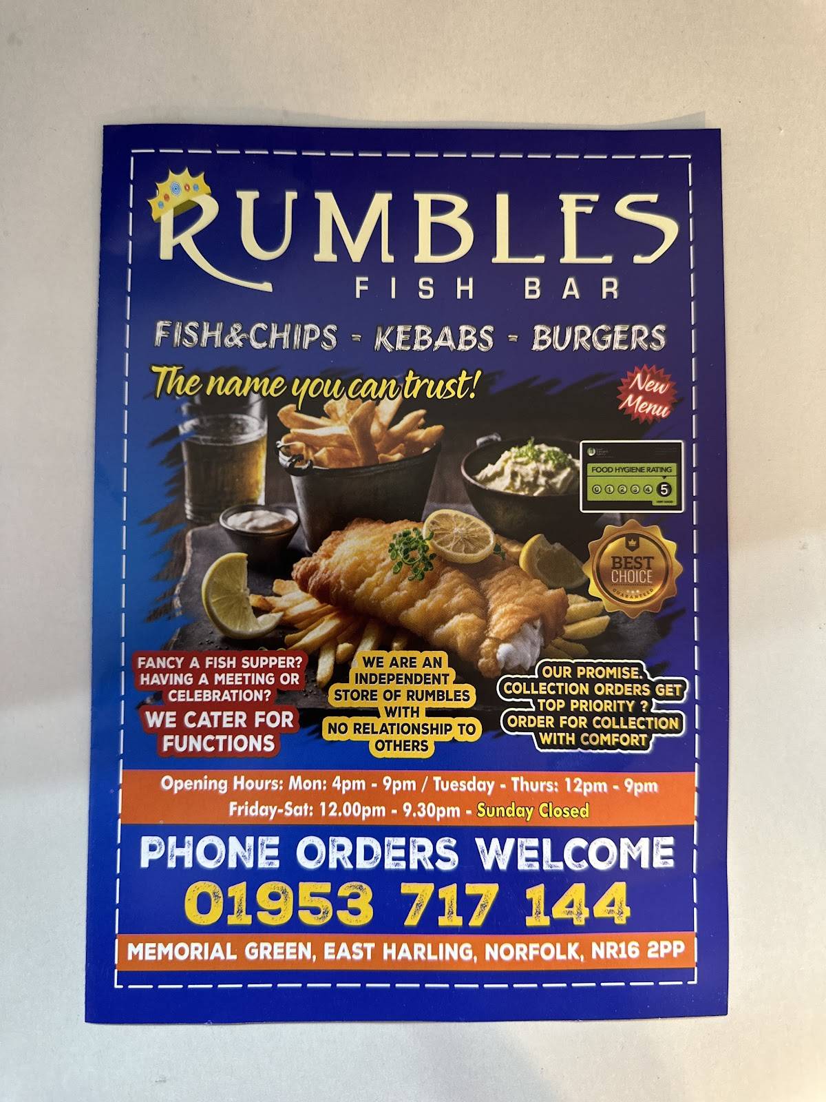 Menu at Rumbles Fish Bar, East Harling