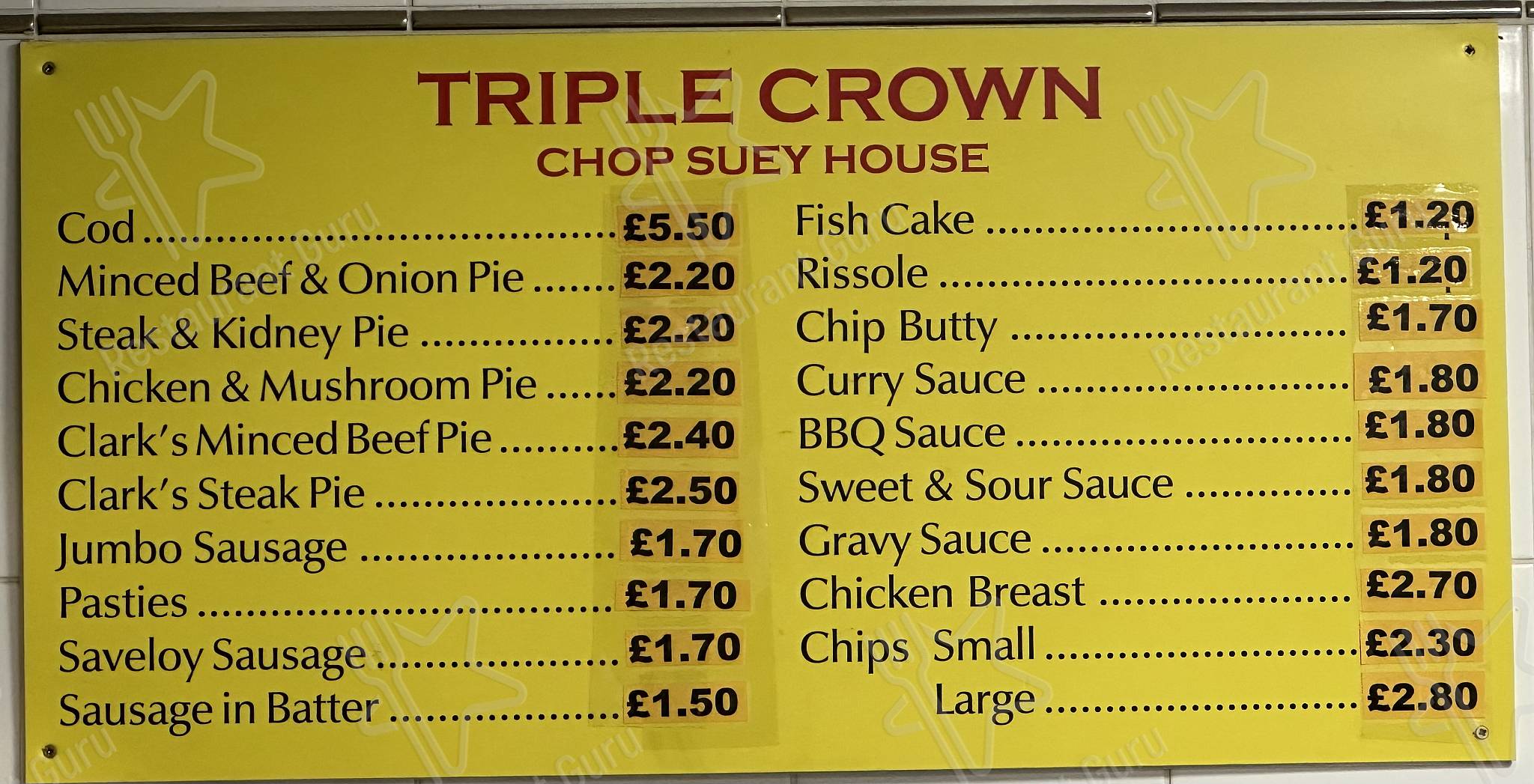 Menu at Triple Crown fast food, Cardiff