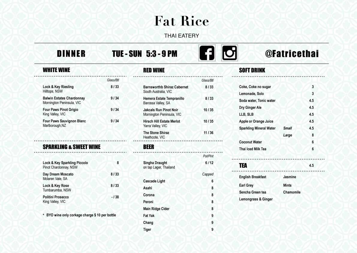 Menu at Fat Rice Thai Eatery restaurant, Mount Eliza