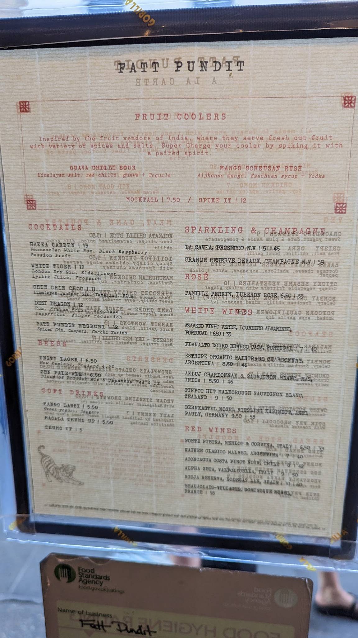 Menu at Fatt Pundit pub & bar, London, 77 Berwick St