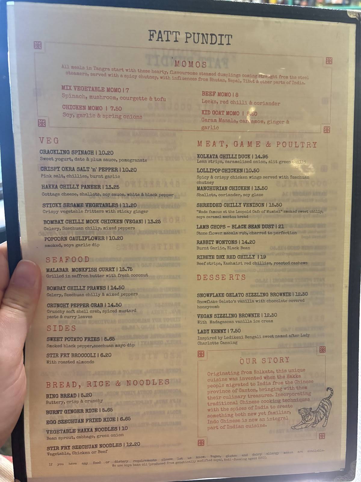 Menu at Fatt Pundit pub & bar, London, 77 Berwick St