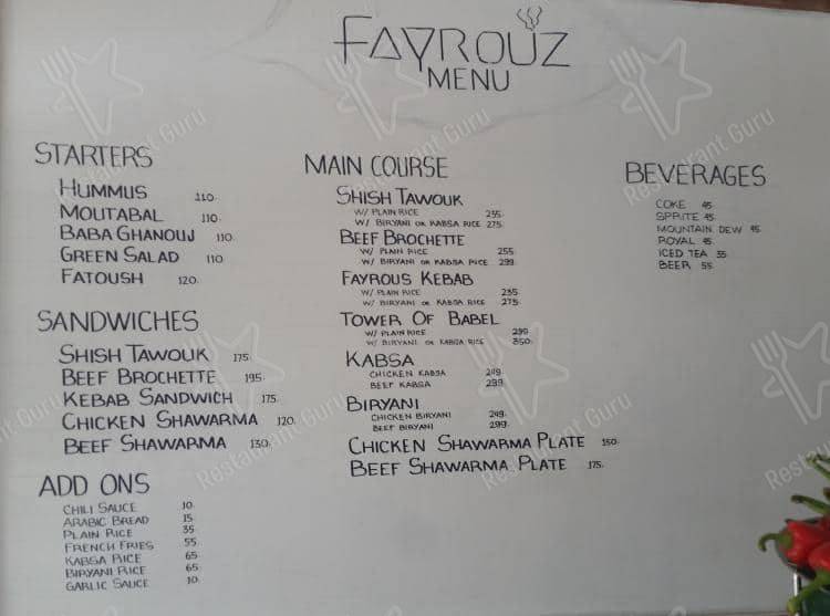 Menu at Fayrouz House of Kebab restaurant, Quezon City