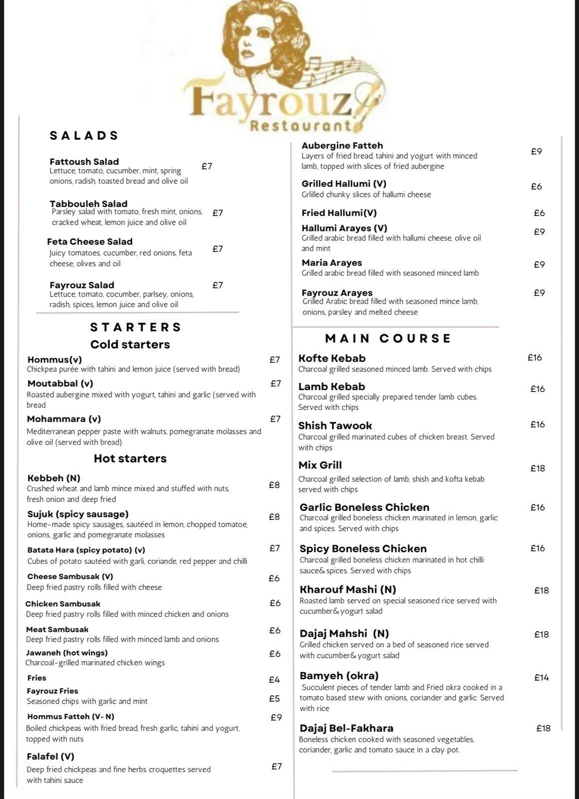 Menu at Fayrouz Restaurant, Manchester, 200 Yewtree Ln