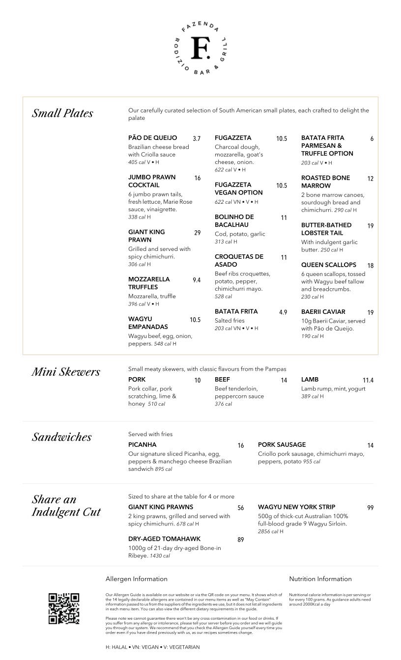 Menu at Fazenda Rodizio Bar & Grill Manchester, Manchester