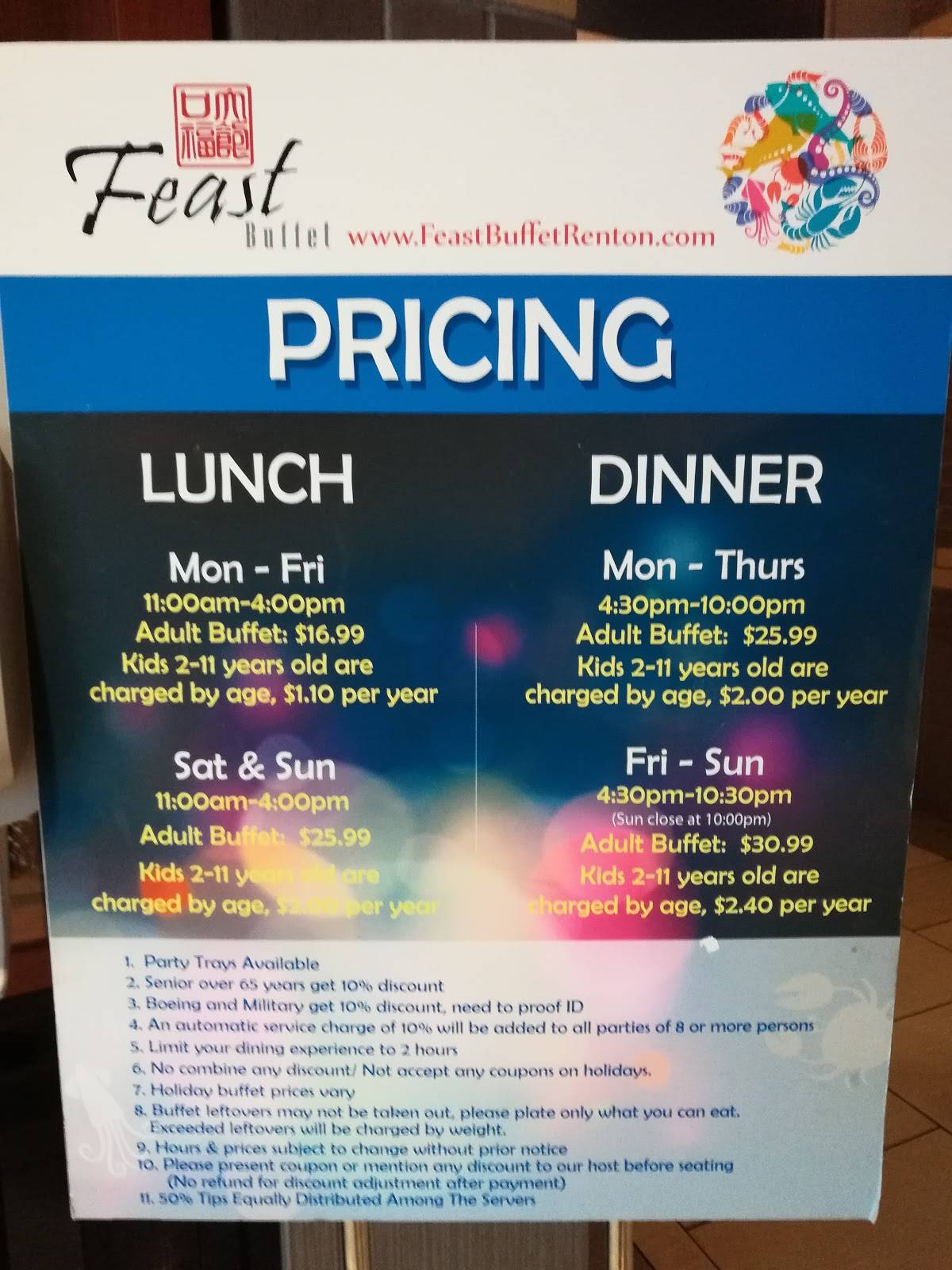 Menu at Feast Buffet restaurant, Renton