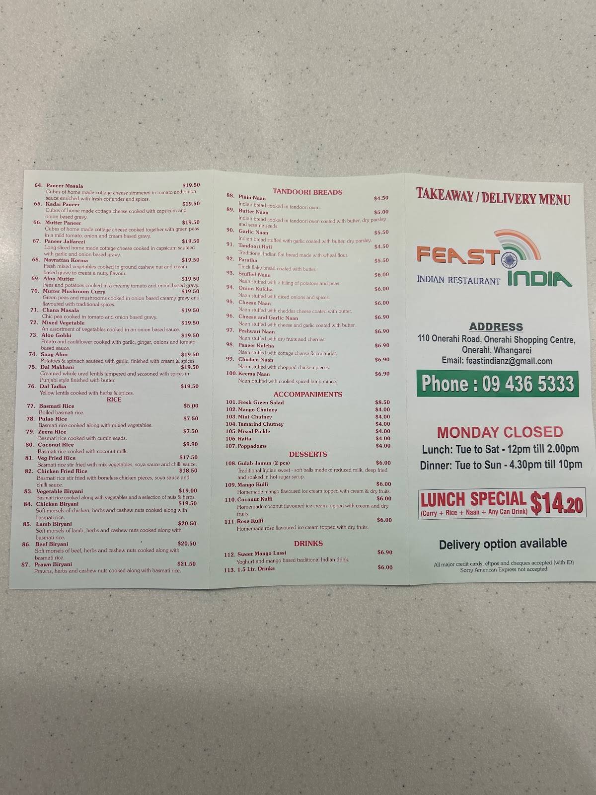Menu at Feast India Restaurant and Takeaway, Whangarei