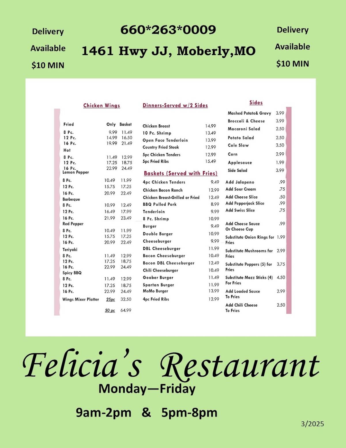Menu at Felicia's Restaurant, Moberly, State Hwy JJ