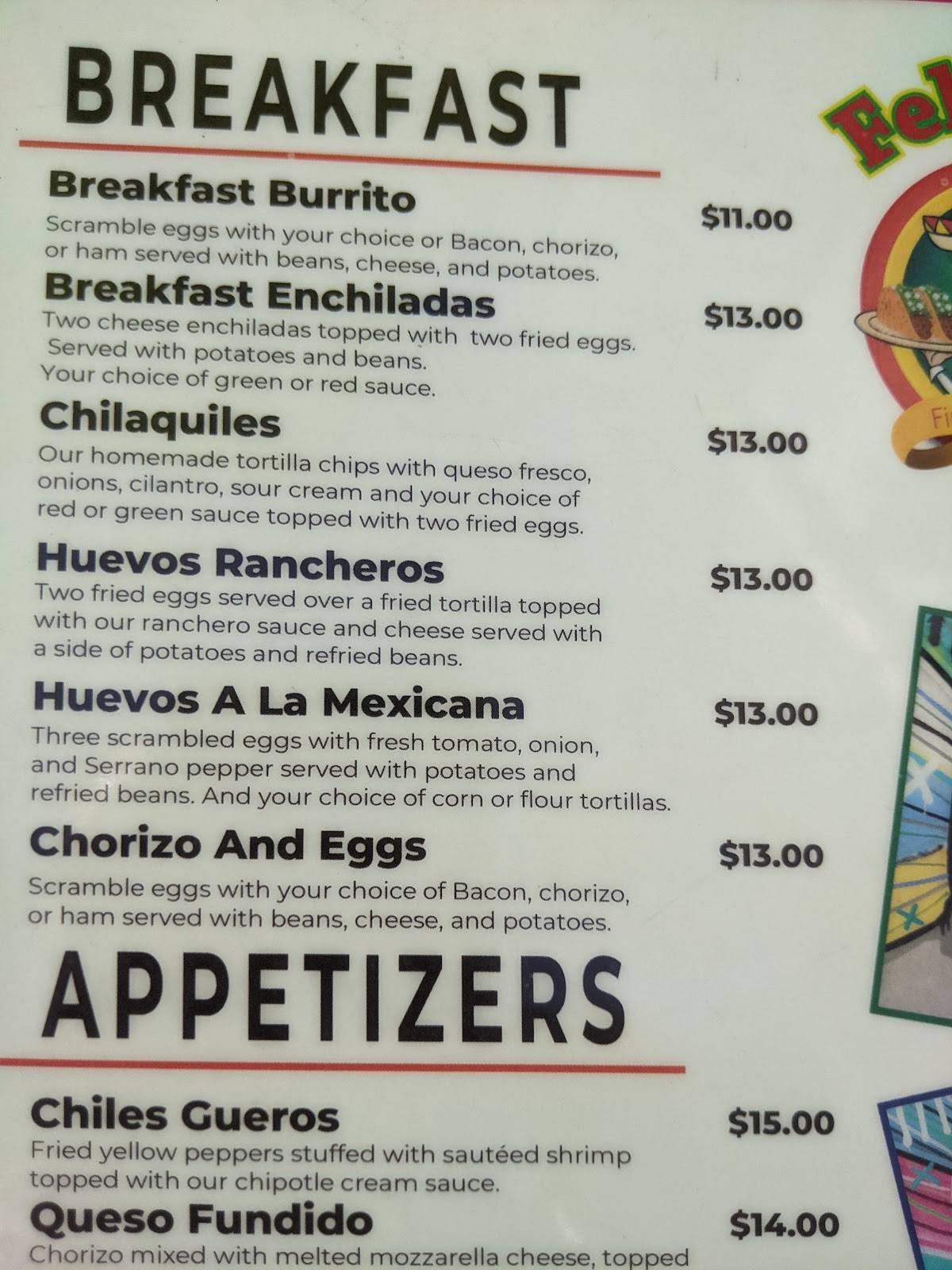 Menu at Felipe's Palm Springs restaurant, Palm Springs