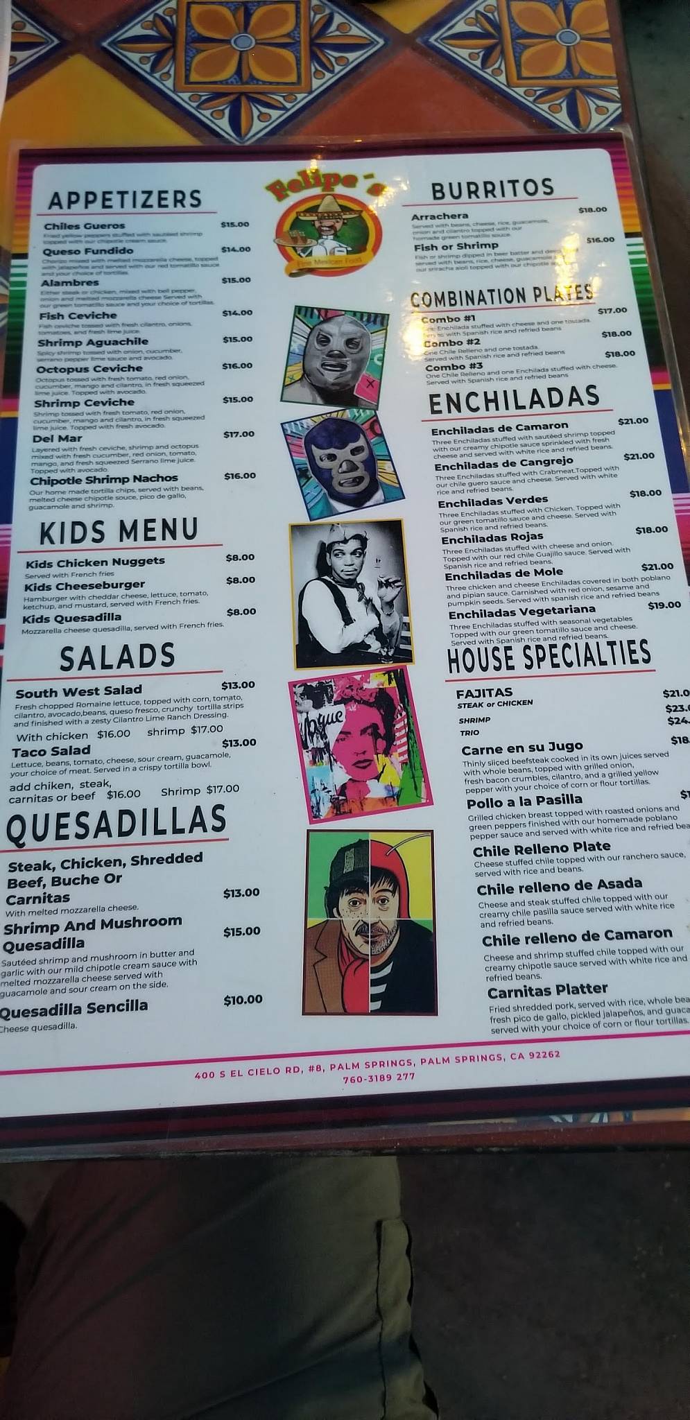 Menu at Felipe's Palm Springs restaurant, Palm Springs