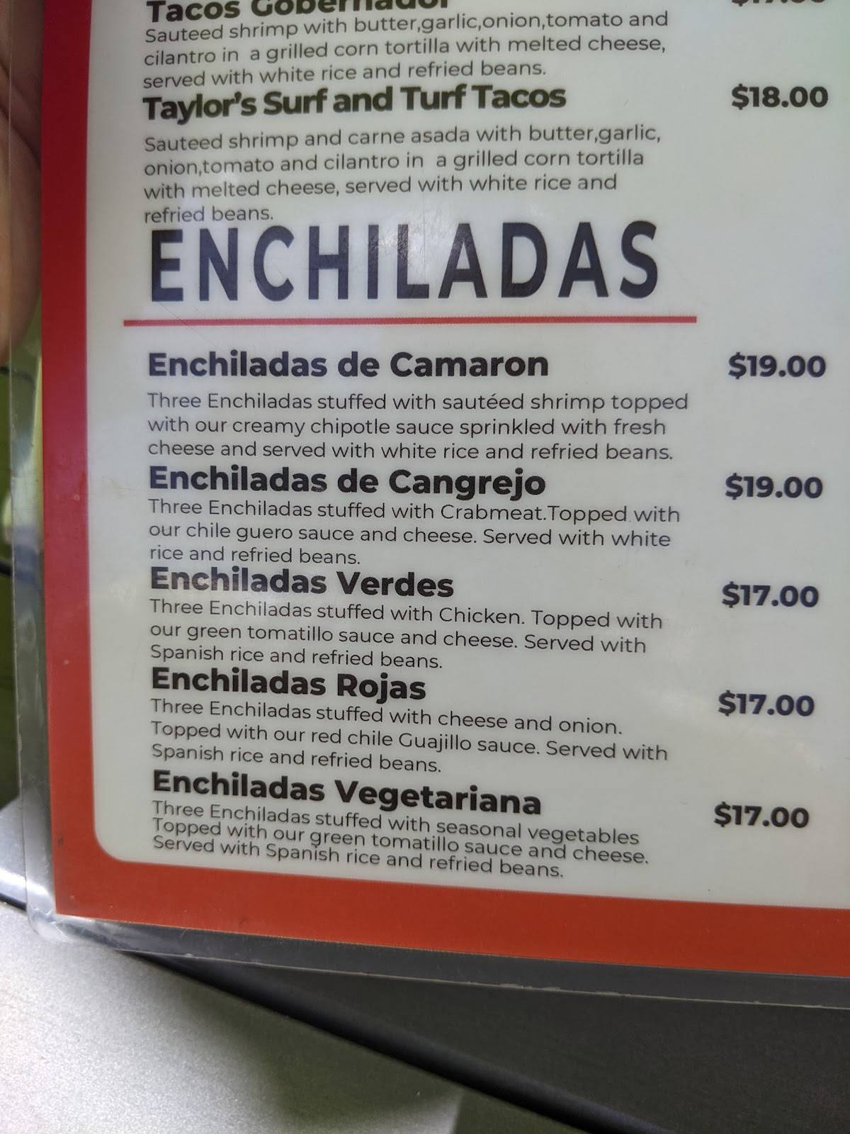 Menu at Felipe's Palm Springs restaurant, Palm Springs