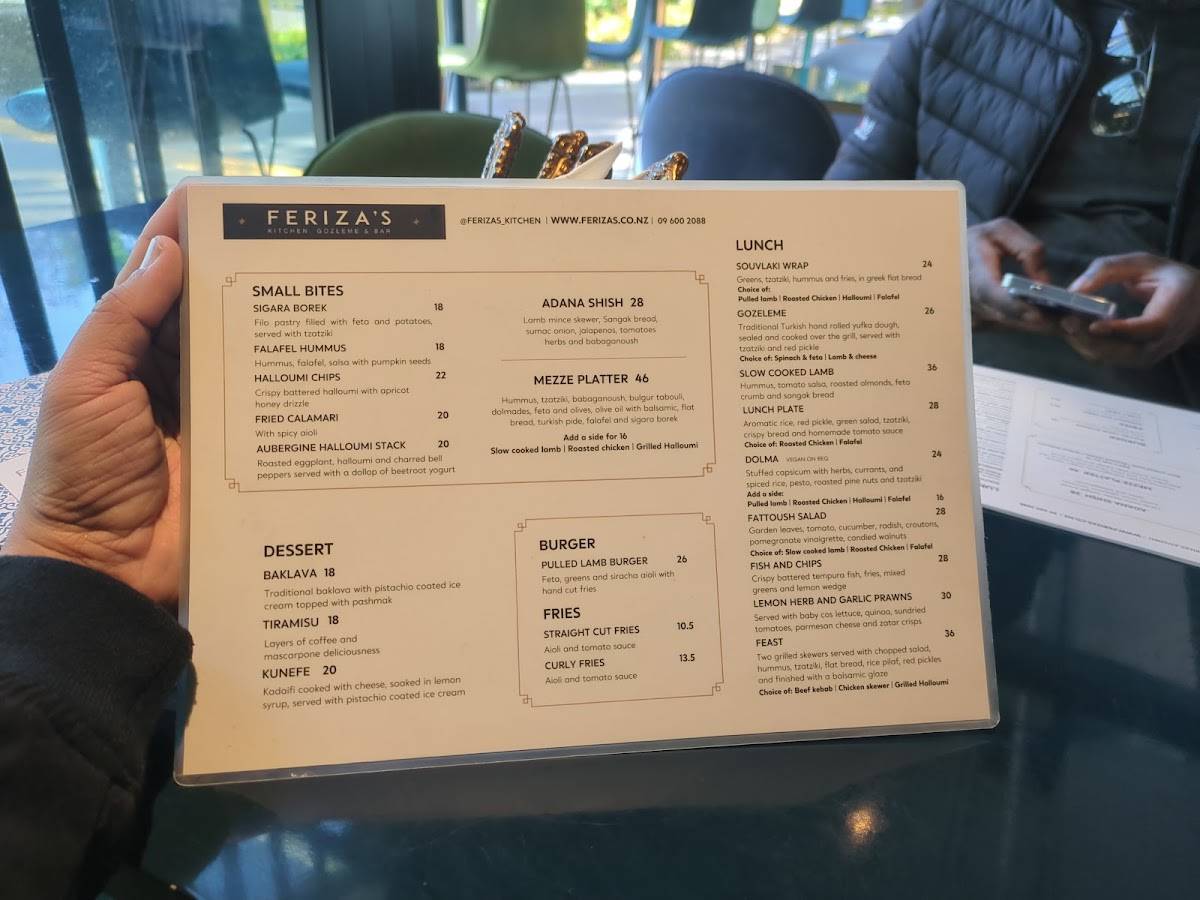 Menu at Feriza's restaurant, Auckland