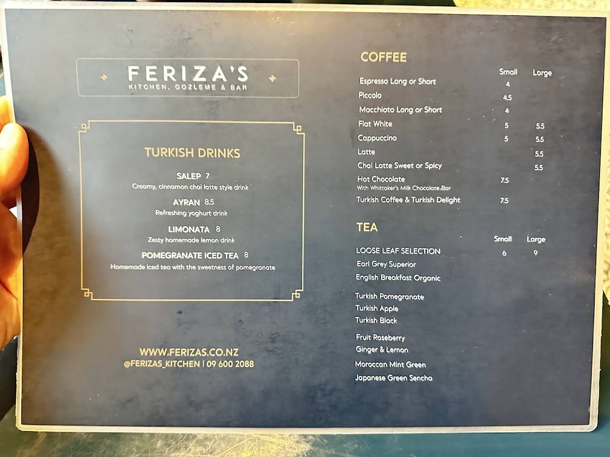 Menu at Feriza's restaurant, Auckland