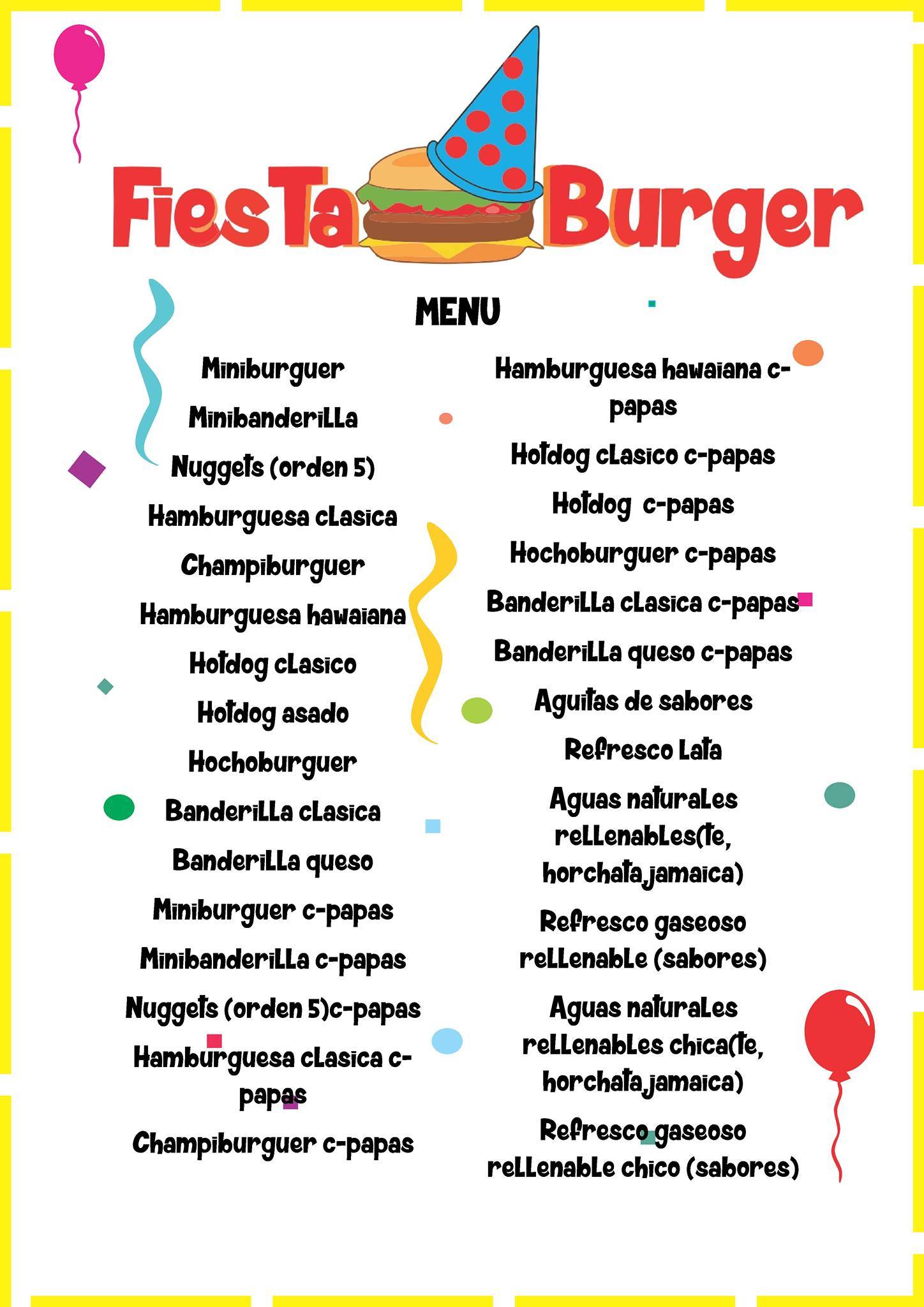 Menu at Fiesta Burger restaurant, Campeche