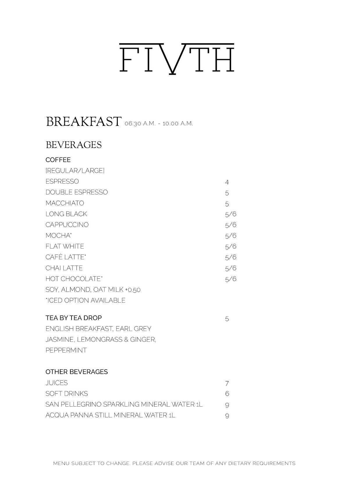 Menu at Fifth Restaurant, Southbank