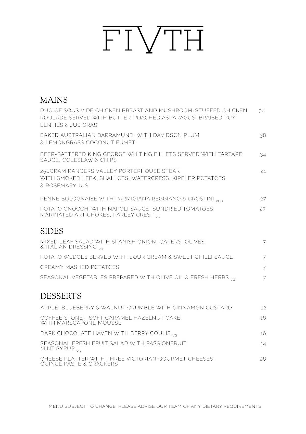 Menu at Fifth Restaurant, Southbank