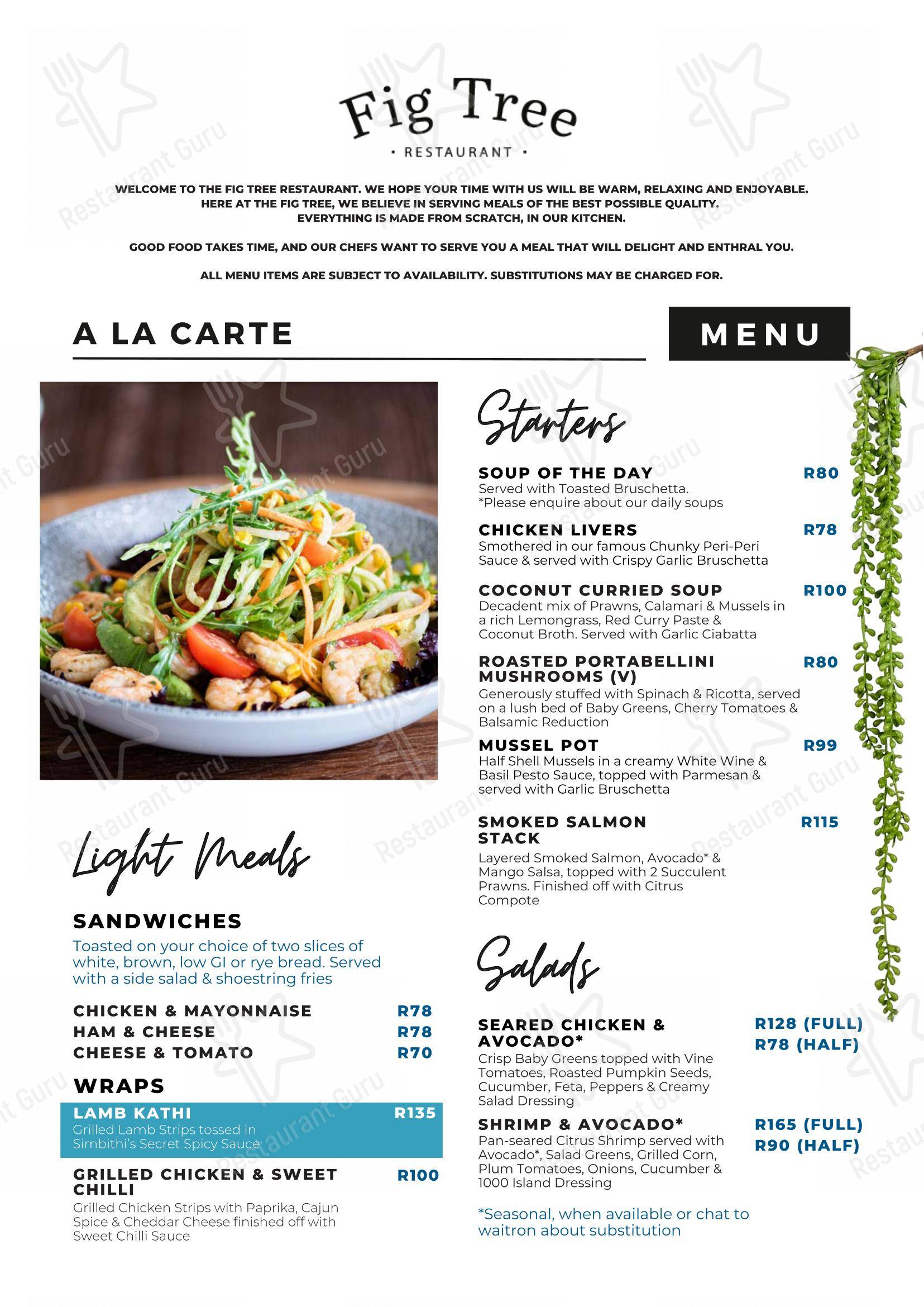 Speisekarte von Fig Tree Restaurant, Ballito, Club Lane
