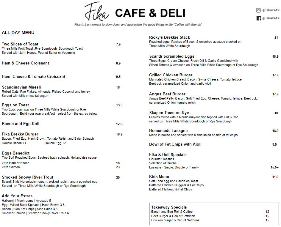 Menu at Fika Cafe & Deli, Phillip