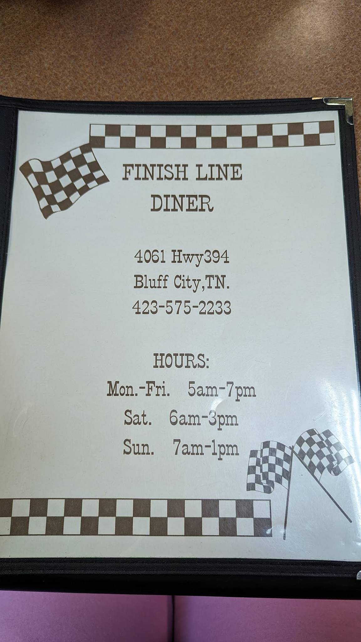 Menu at Finish Line Diner restaurant, Bluff City