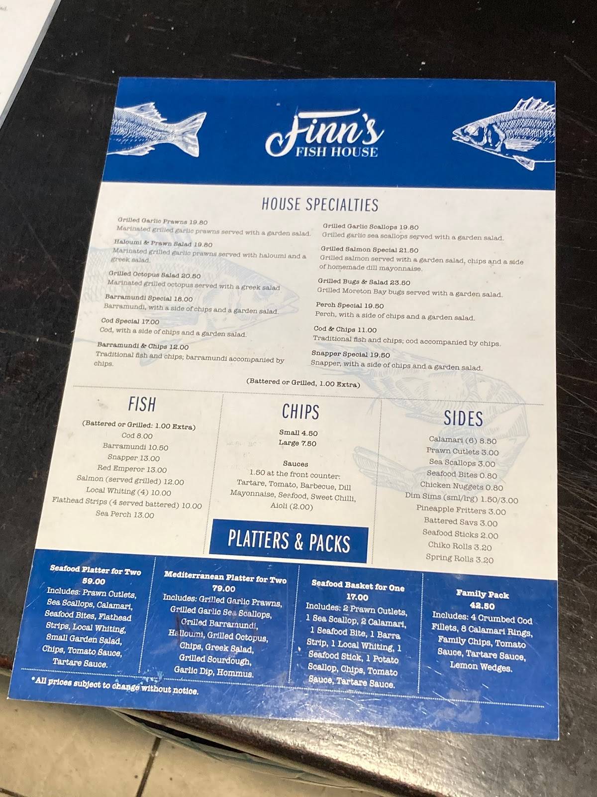 Menu at Finn's Fish House cafe, Wynnum