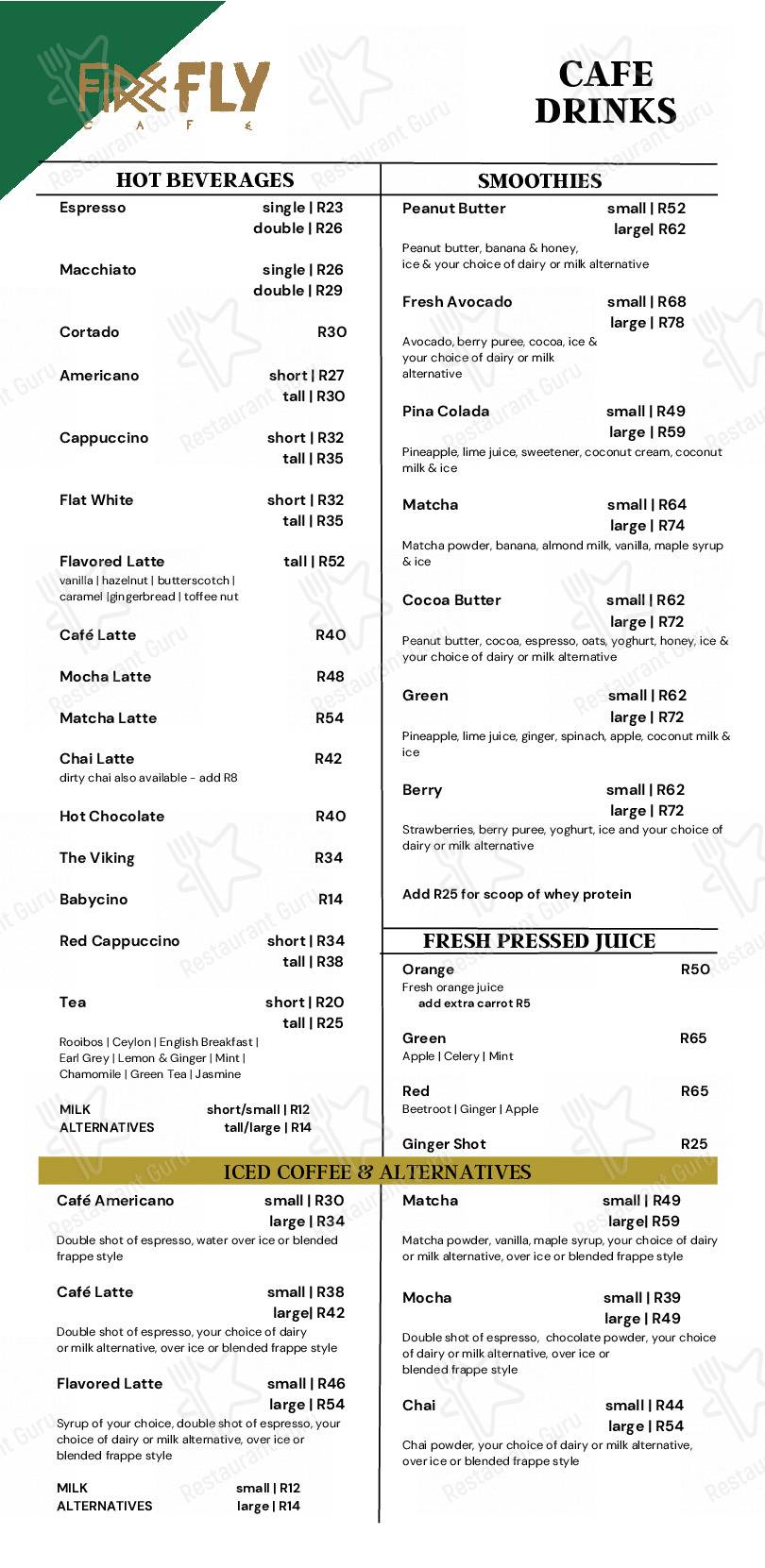Menu at Firefly Cafe, Cape Town