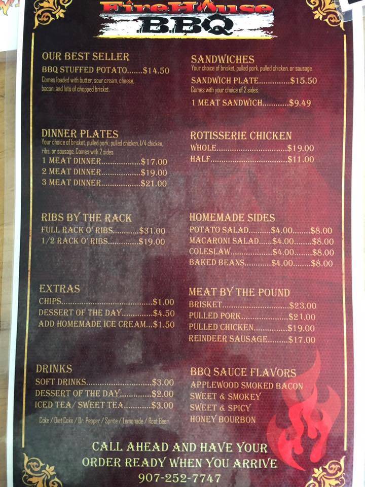 Carta de Firehouse BBQ, Soldotna, 45015 Kalifornsky Beach Rd